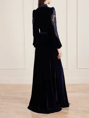 Costarellos Belted Lace-paneled Velvet Gown