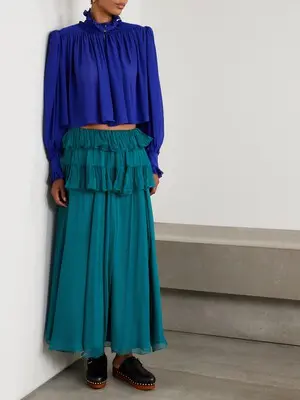 Chloé Tiered Organic Silk-mousseline Maxi Skirt - Blue