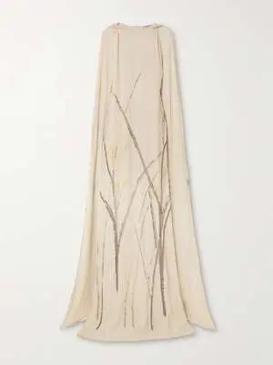 Bernadette Minnie Cape-effect Sequin-embellished Printed Crepe De Chine Gown - Neutral