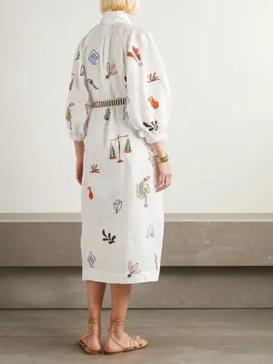 ALEMAIS Lrnce Mina Embroidered Ramie Midi Shirt Dress - Neutrals