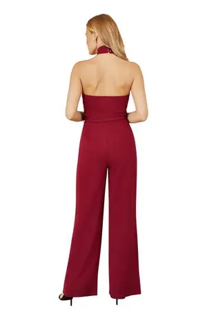 YUMI Cross Over Halter Neck Jumpsuit - Burgundy