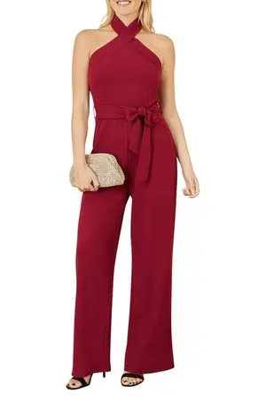 YUMI Cross Over Halter Neck Jumpsuit - Burgundy