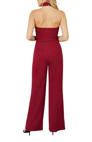 YUMI Cross Over Halter Neck Jumpsuit - Burgundy
