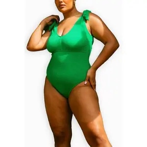 FASHION-SZN CURVE Sculpted Crinkle Tie Strap Swimsuit - Green