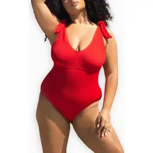 FASHION-SZN CURVE Sculpted Crinkle Tie Strap Swimsuit - Red