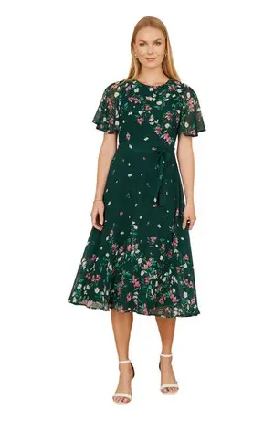 YUMI Daisy Placement Skater Midi Dress - Green