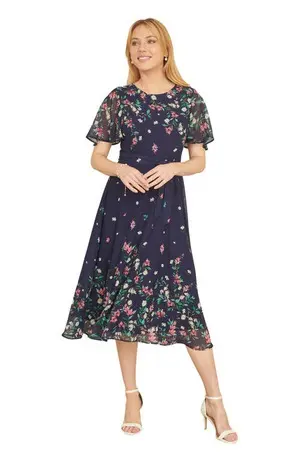 YUMI Daisy Placement Skater Midi Dress - Navy