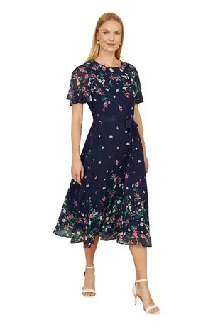 YUMI Daisy Placement Skater Midi Dress - Navy