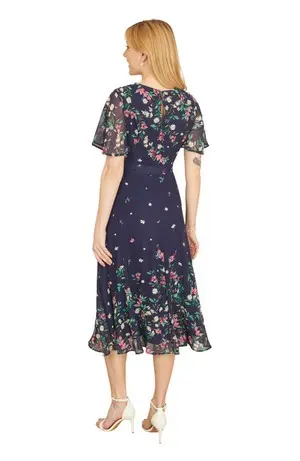 YUMI Daisy Placement Skater Midi Dress - Navy