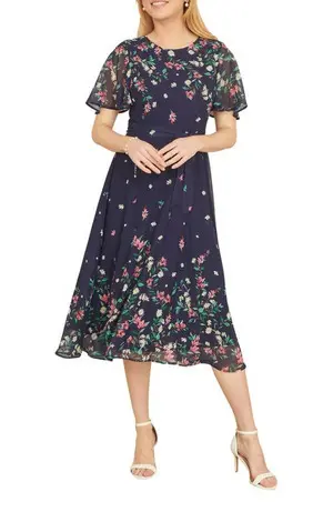 YUMI Daisy Placement Skater Midi Dress - Navy