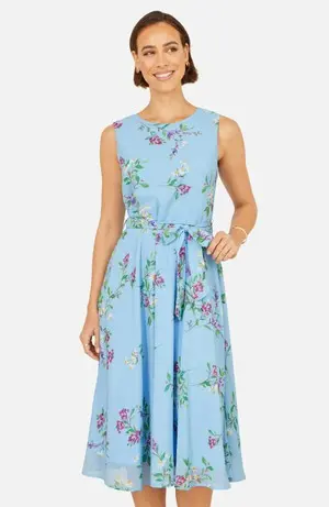 YUMI Sleeveless Tie Waist Printed Midi Dress - Blue