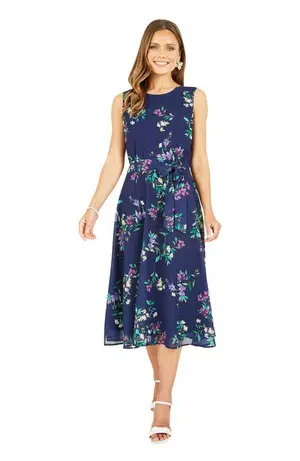 YUMI Sleeveless Tie Waist Printed Midi Dress - Navy