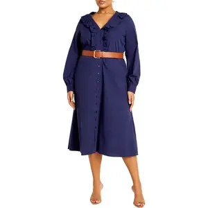 City Chic Belted Midi Dress - Navy