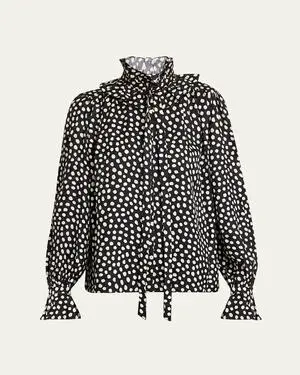 Chloé Dots-print Silk Jacquard Ruffle Blouse - Black/beige