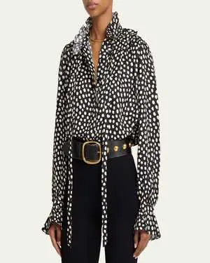 Chloé Dots-print Silk Jacquard Ruffle Blouse - Black/beige