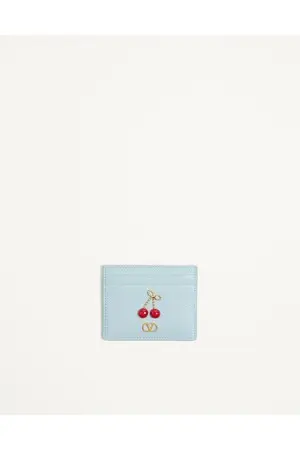 Valentino Garavani Cherryfic Cardholder In Grainy Calfskin - Blue