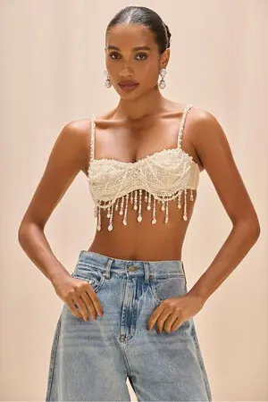 PatBO Pearl Dust Embroidery Bra Top - White