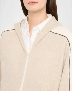 Brunello Cucinelli Cashmere Rib Zip Hoodie With Monili Trim - Cft47 Beig