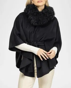 Gorski Wool Belted Cape With Lamb Collar - Black