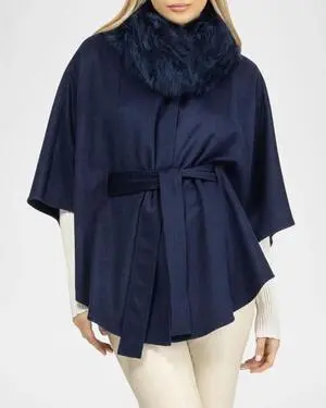 Gorski Wool Belted Cape With Lamb Collar - Navy