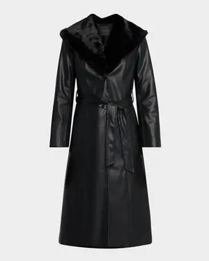 Elie Tahari Vegan Leather Trench Coat With Faux-fur Collar