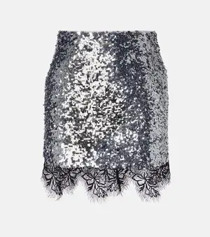 JACQUES WEI Lace-trimmed Sequined Miniskirt - Silver