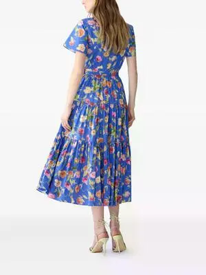 Carolina Herrera Poppy-print Tiered Midi Dress With Sash - Blue