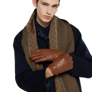 Gucci Embossed Gg Leather Gloves - Brown