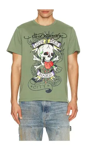 Ed Hardy Heart Skull Tee In Olive - Light Olive