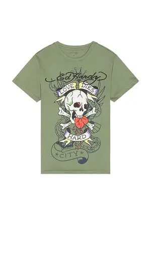 Ed Hardy Heart Skull Tee In Olive
