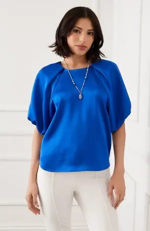 Karen Kane Puff Sleeve Satin Top - Sapphire Blue