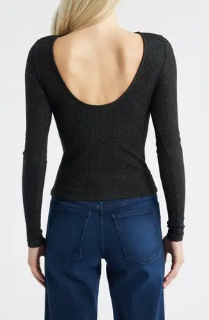 Madewell Sparkle Scoop Back Long Sleeve Top - Lurex Black
