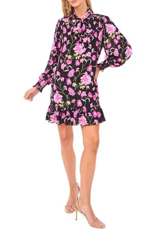 CECE DUPRAZ Floral Tie Neck Long Sleeve Dress - Rich Black