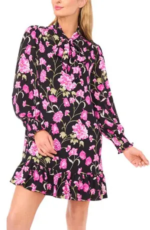 CECE DUPRAZ Floral Tie Neck Long Sleeve Dress