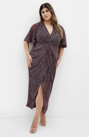City Chic Metallic Flutter Sleeve Maxi Dress