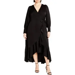 City Chic Oki Long Sleeve Wrap Dress - Black
