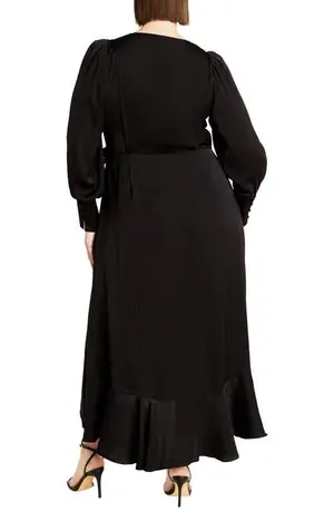 City Chic Oki Long Sleeve Wrap Dress - Black