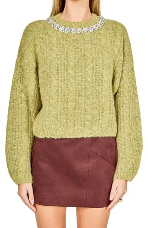 Endless Rose Jewel Fuzzy Cable Stitch Sweater - Chartreuse