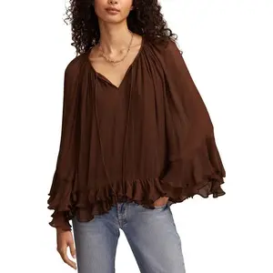 Lucky Brand Ruffle Chiffon Trapeze Top - Chocolate Brown