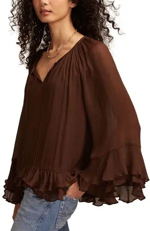 Lucky Brand Ruffle Chiffon Trapeze Top - Chocolate Brown