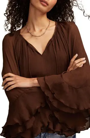 Lucky Brand Ruffle Chiffon Trapeze Top - Chocolate Brown