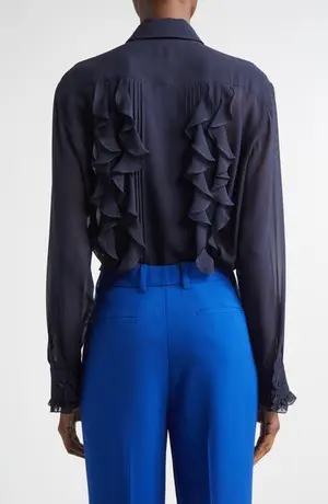 Lafayette 148 New York Ruffle Tie Neck Silk Georgette Shirt