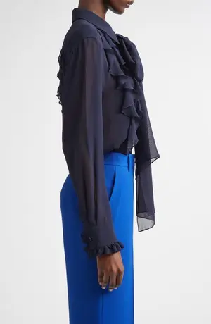 Lafayette 148 New York Ruffle Tie Neck Silk Georgette Shirt