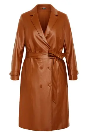 City Chic Briella Faux Leather Trench Coat - Toffee