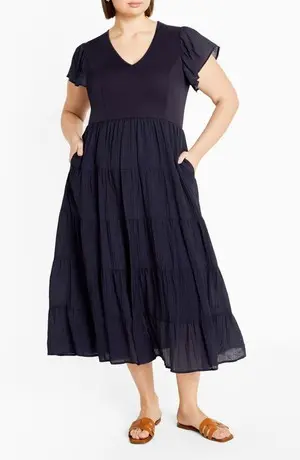 City Chic Marli Mixed Media Midi Dress - Navy