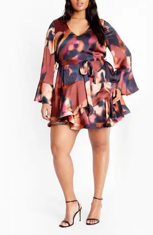 City Chic Cherrie Tie Belt Long Sleeve Satin Minidress