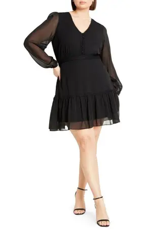 City Chic Embroidered Sheer Balloon Sleeve Dress - Black