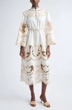 Zimmermann Scalloped Eyelet Trim Belted Linen Midi Dress