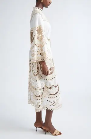 Zimmermann Scalloped Eyelet Trim Belted Linen Midi Dress