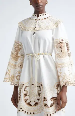 Zimmermann Scalloped Eyelet Trim Belted Linen Midi Dress